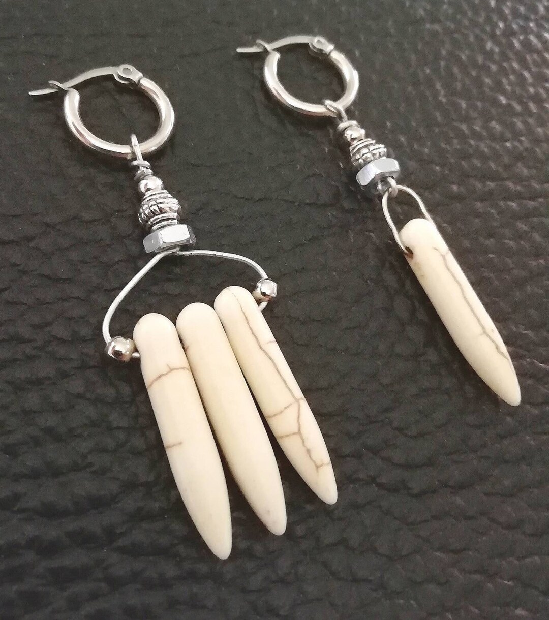 White Howlite Triple Fang Single Fang Earrings Pair - Etsy