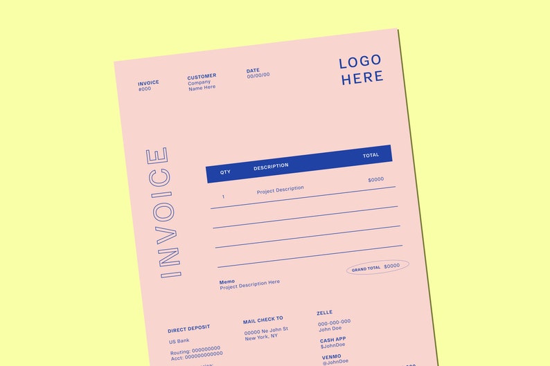 Modern Pink Invoice Template 8.5x11 Invoice INSTANT - Etsy