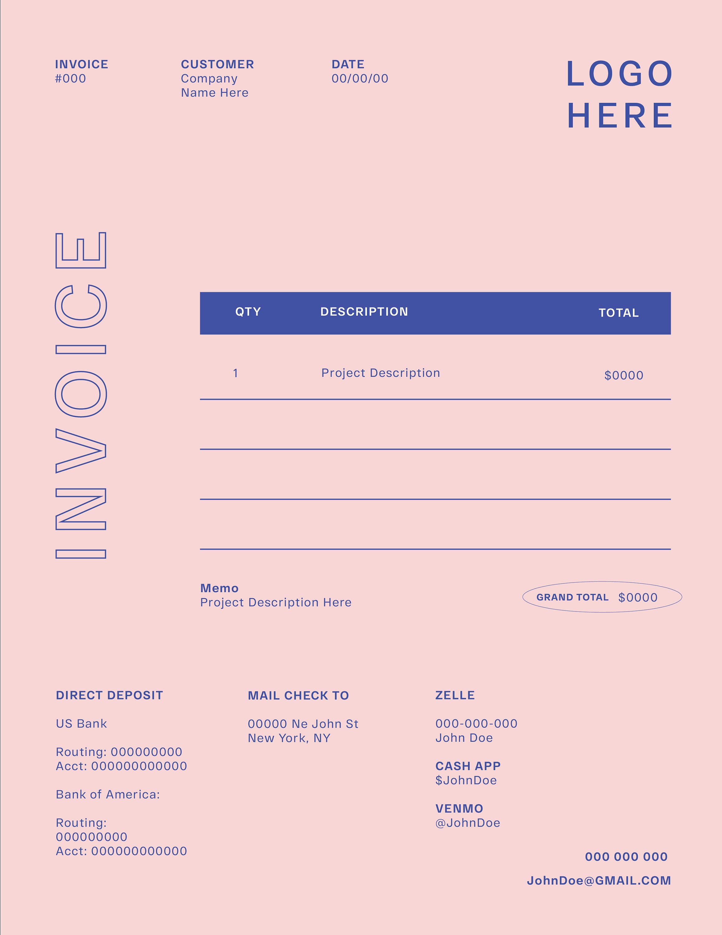 Modern Pink Invoice Template, 8.5x11 Invoice, INSTANT DOWNLOAD! - Etsy