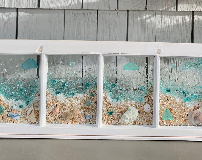 Vintage Sea Glass Window, Sea Glass and Shell Window, Teal Sea Glass ...