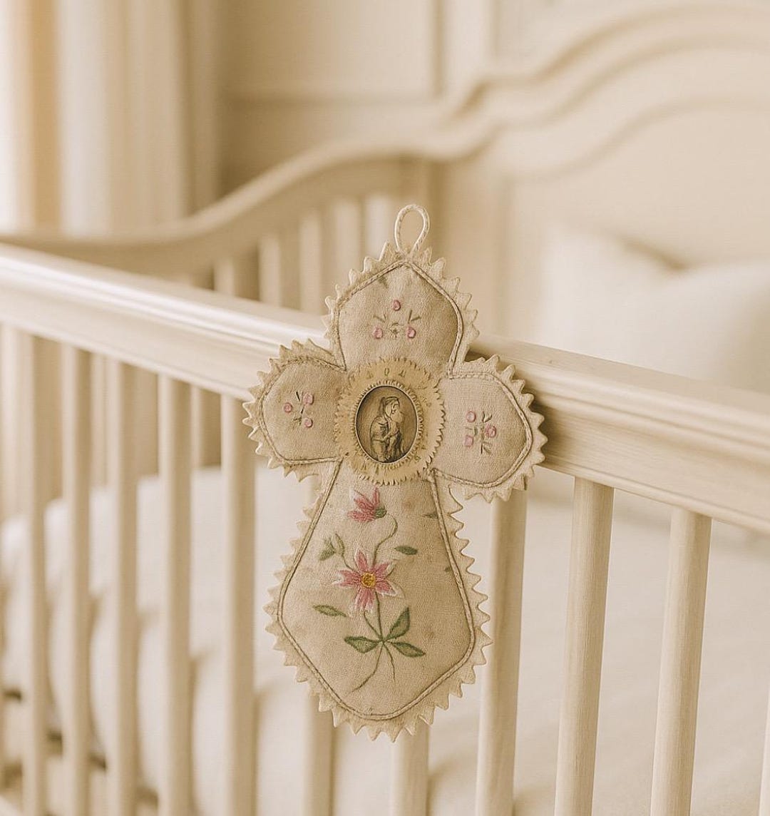Antique Spanish Crib Cross With Pietà Image & Hand Embroidery – C.1900 ...
