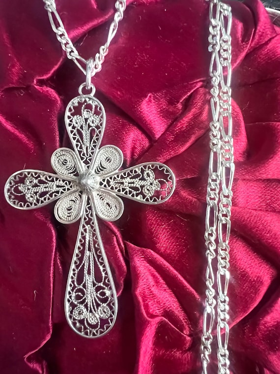 Antique Italian Silver Filigree Cross - Gem