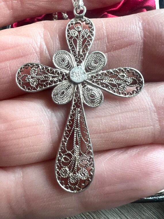 Antique Italian Silver Filigree Cross - Gem