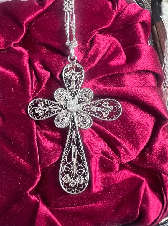 Antique Italian Silver Filigree Cross - Gem