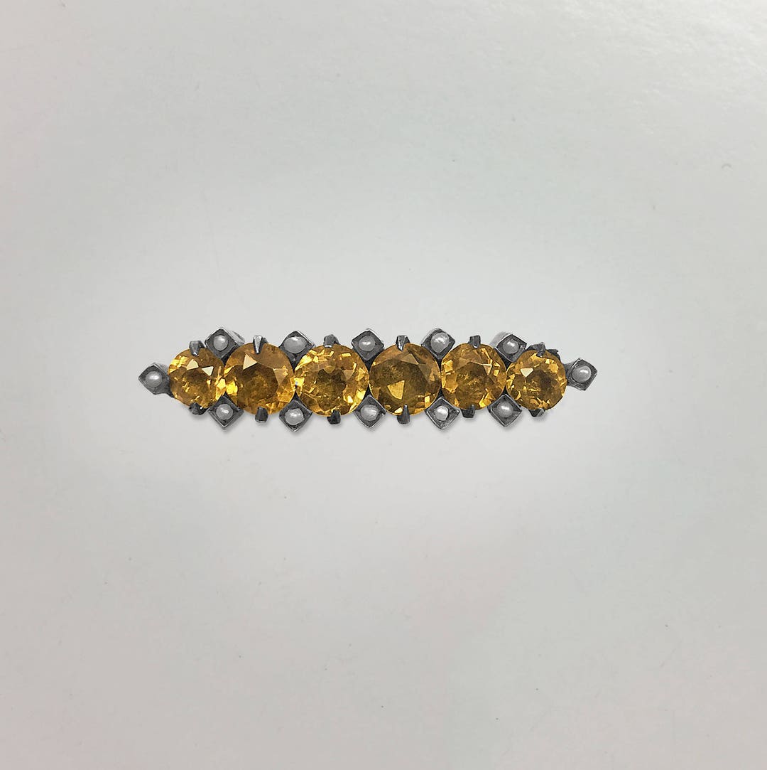 Antique Victorian Pink Gold Bar Pin Set With 6 Old European Cut Citrine ...