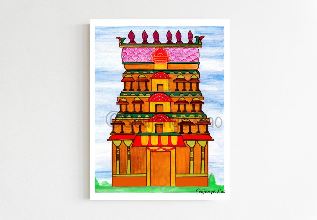 Gopuram, Temple Painting, Indian Painting, Indian Art Print, South ...
