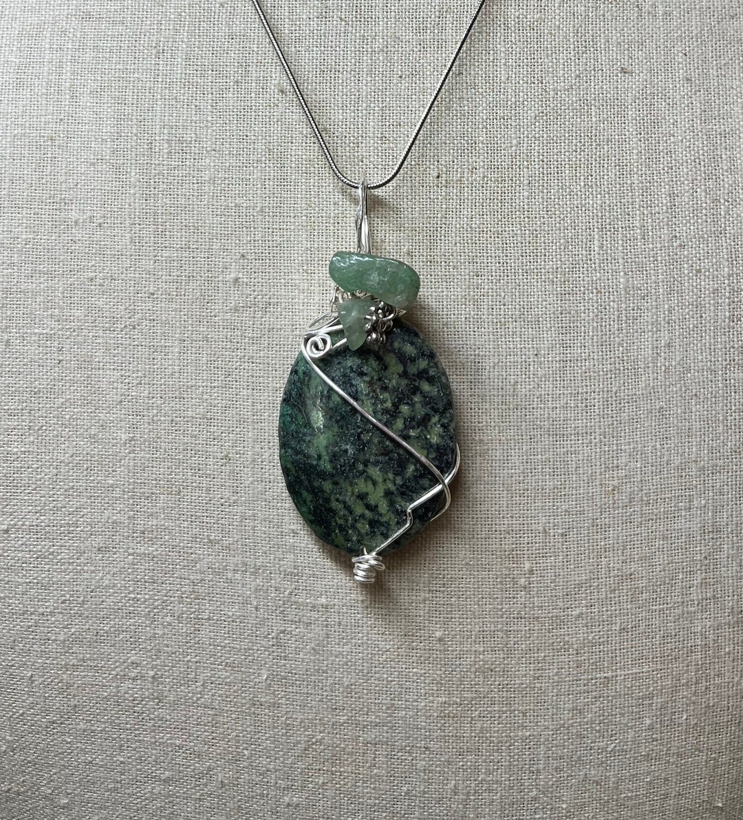 Green Jasper Stone Pendant Silver Wire Wrapped With Silver Chain ...