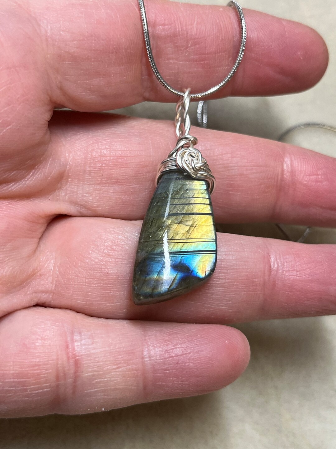 Silver Wire Wrapped Labradorite Pendant With Chain 2 Inches X .5 Inch ...