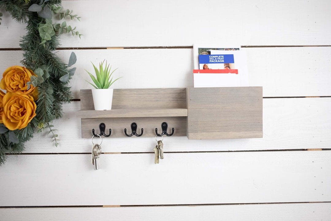 Narrow Modern Mail Holder With Key Hooks and Small Shelf - Etsy