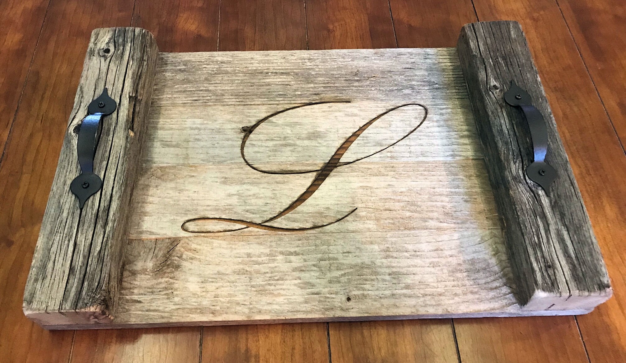 Monogrammed Serving Tray - Rustic Reclaimed Weathered Wood, Ottoman ...