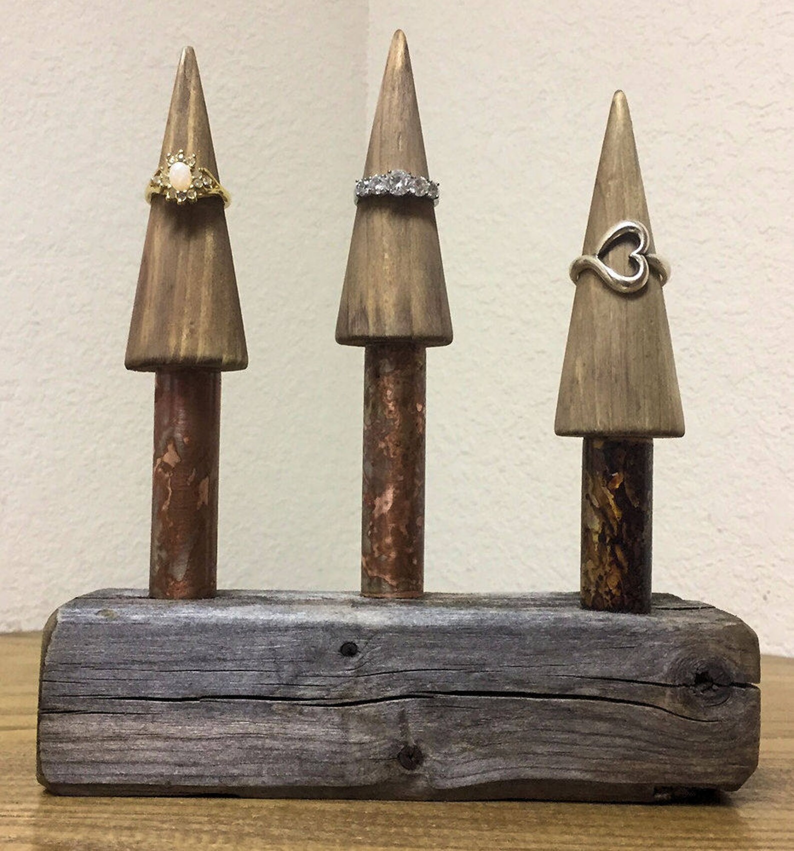 Ring Display in Weathered Wood With Distressed Copper Ring Display Ring ...