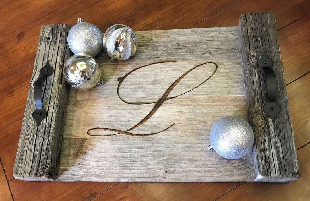 Monogrammed Serving Tray - Rustic Reclaimed Weathered Wood, Ottoman ...