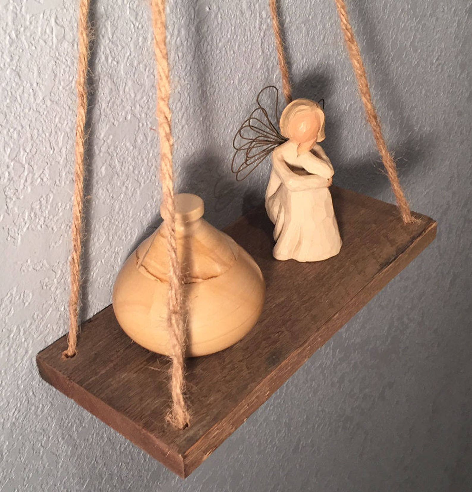 Swing Shelf in Weathered Wood - Rustic Reclaimed Weathered Wood & Jute ...