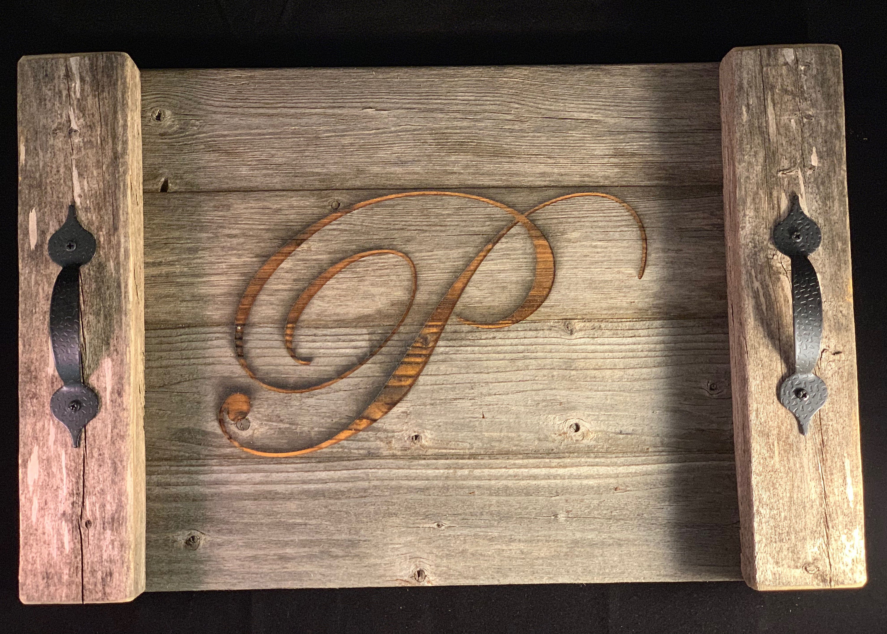 Monogrammed Serving Tray - Rustic Reclaimed Weathered Wood, Ottoman ...