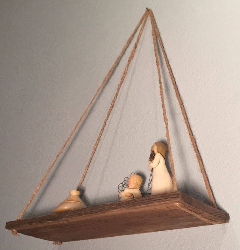 Swing Shelf in Weathered Wood - Rustic Reclaimed Weathered Wood & Jute ...