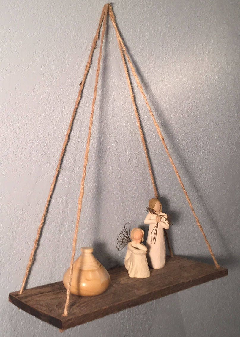 Swing Shelf in Weathered Wood - Rustic Reclaimed Weathered Wood & Jute ...