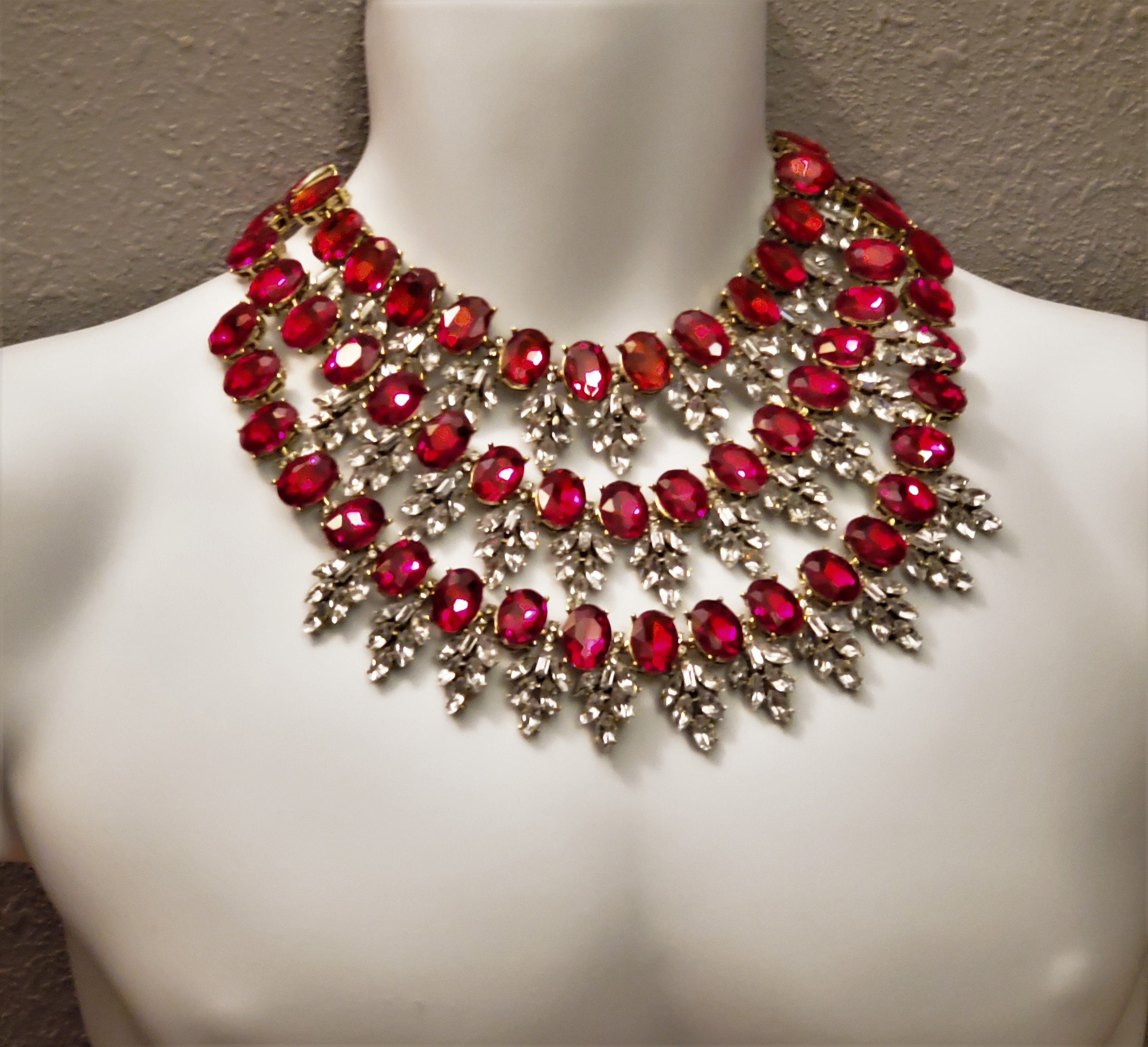 Ruby Red and Clear Empress Crystal Diamond Rhinestone 3 Strand Bib ...