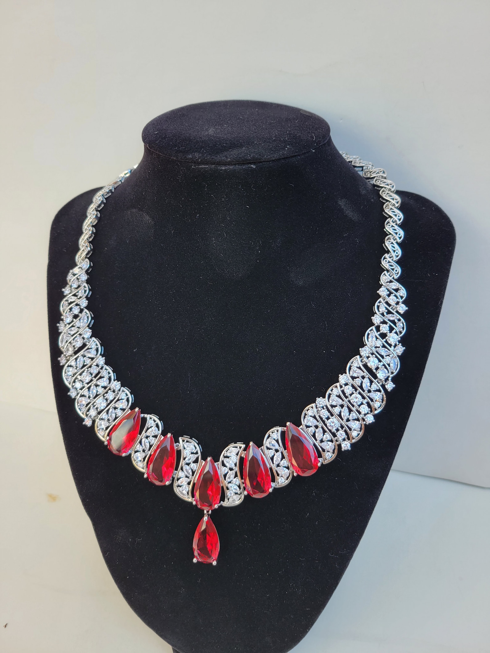 Crystal Ruby Red Necklace Teardrop Rain Drop Dangle - Etsy