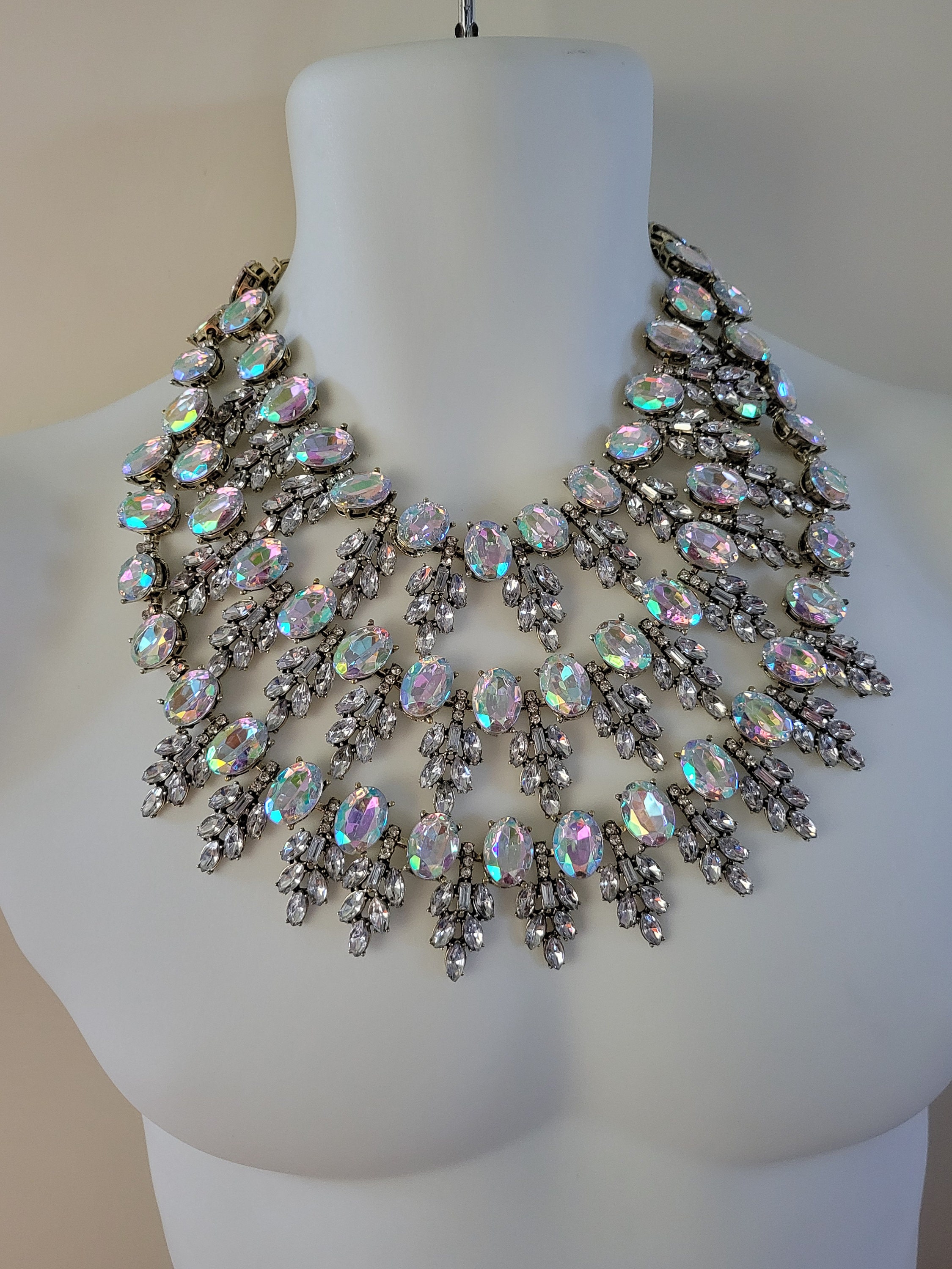 KensClosetDesign AB and Clear Crystal Empress Diamond Rhinestone 3 Strand Bib Royal Statement Necklace Costume Jewelry