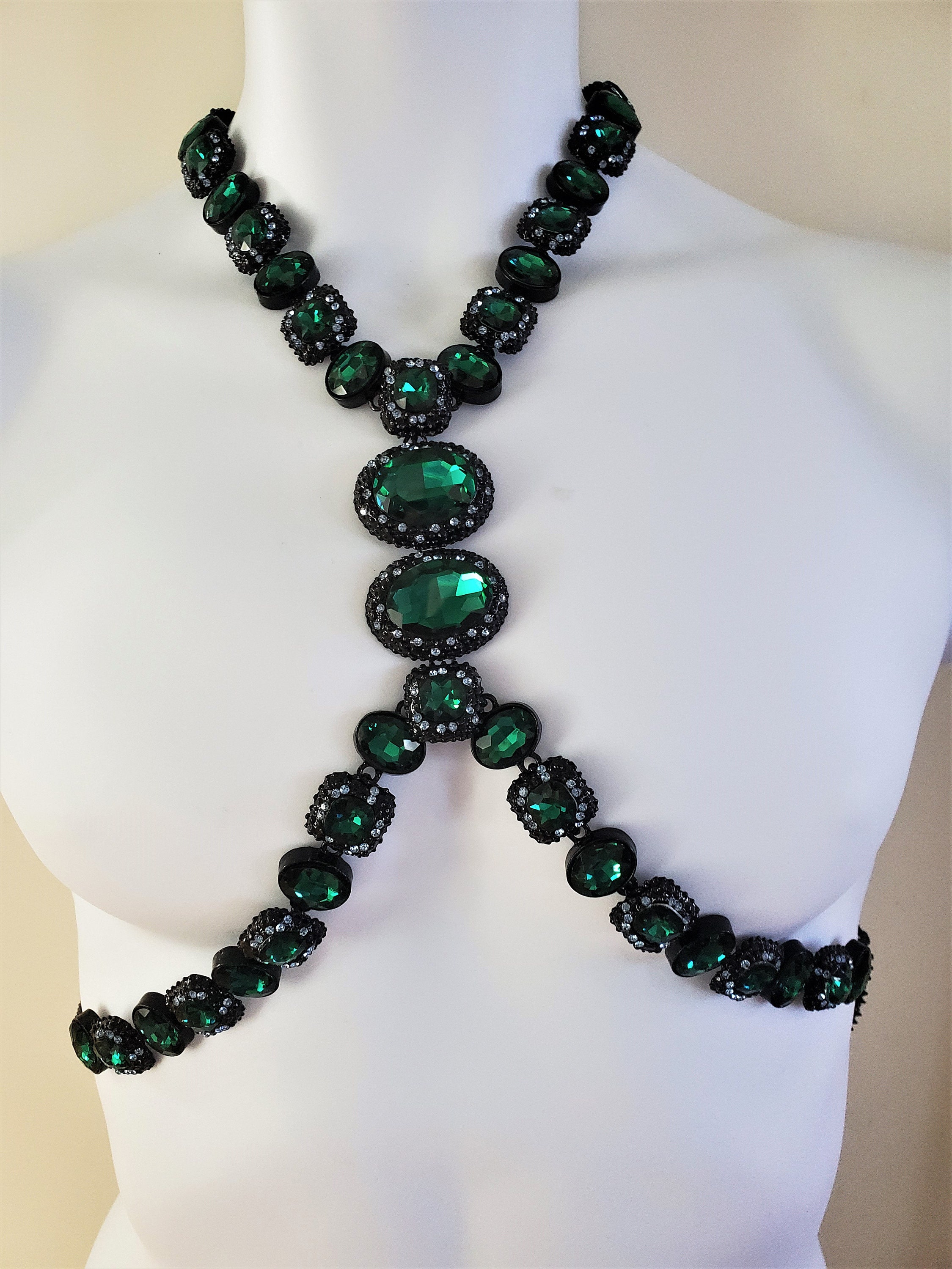 Green Crystal Rhinestone Body Harness Necklace Costume Jewelry | Etsy