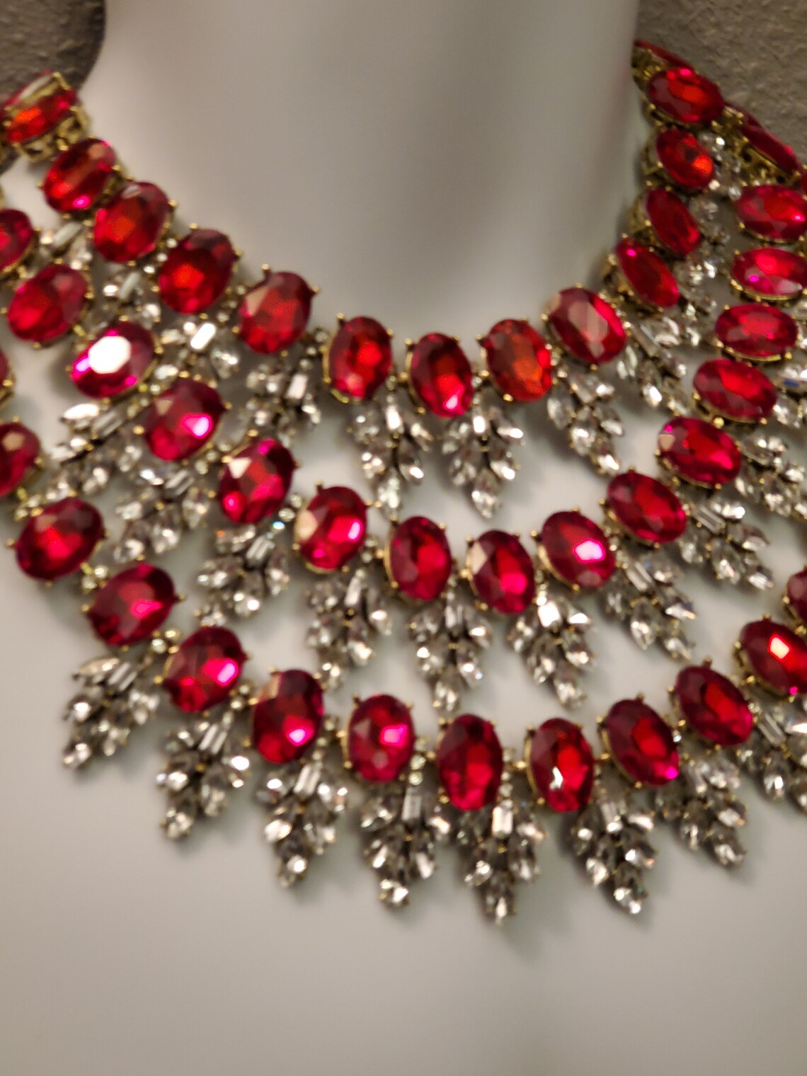 Ruby Red and Clear Empress Crystal Diamond Rhinestone 3 Strand Bib ...