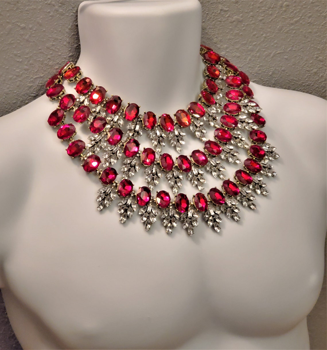 Ruby Red and Clear Empress Crystal Diamond Rhinestone 3 Strand Bib ...