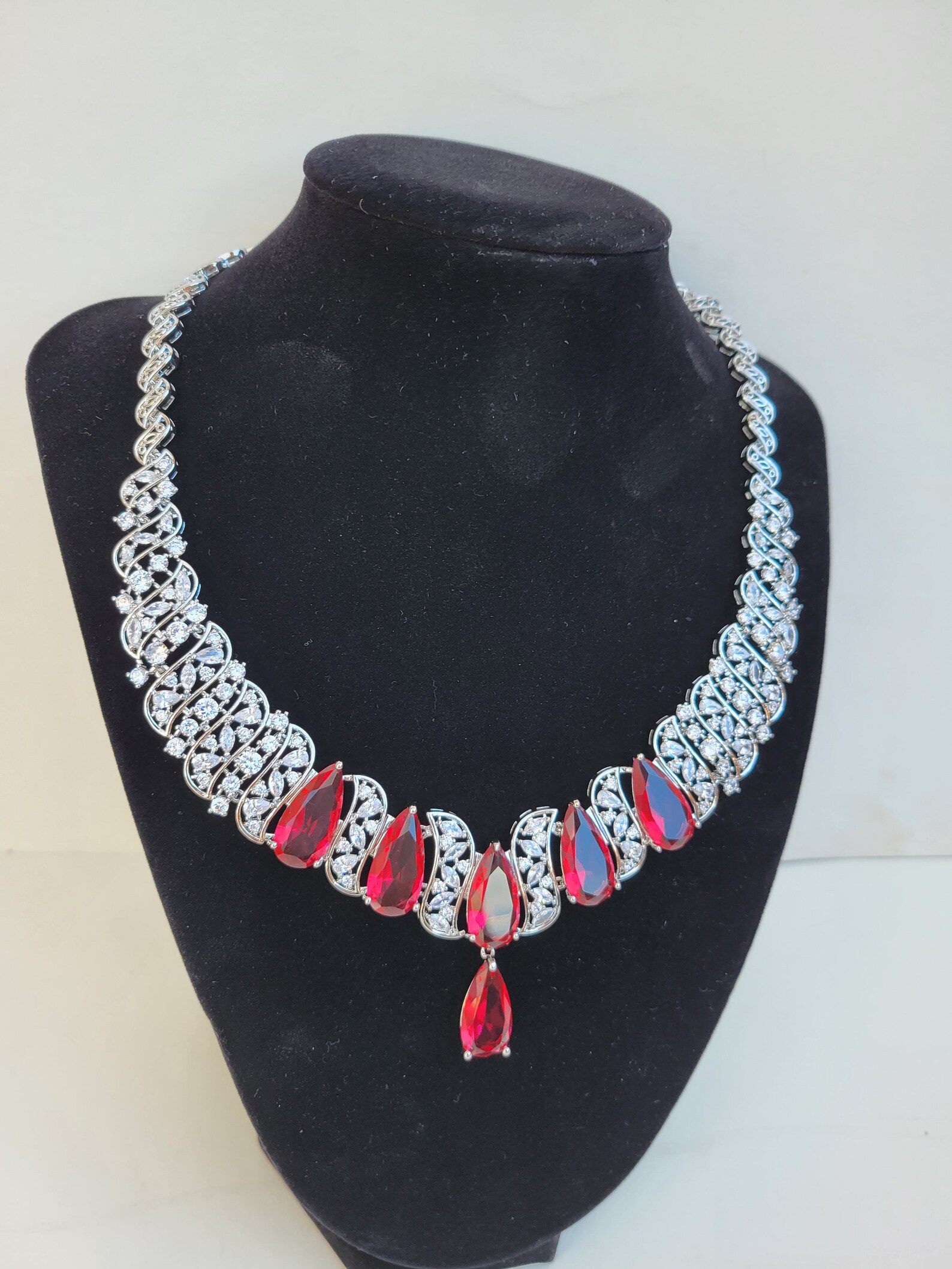 Crystal Ruby Red Necklace Teardrop Rain Drop Dangle - Etsy