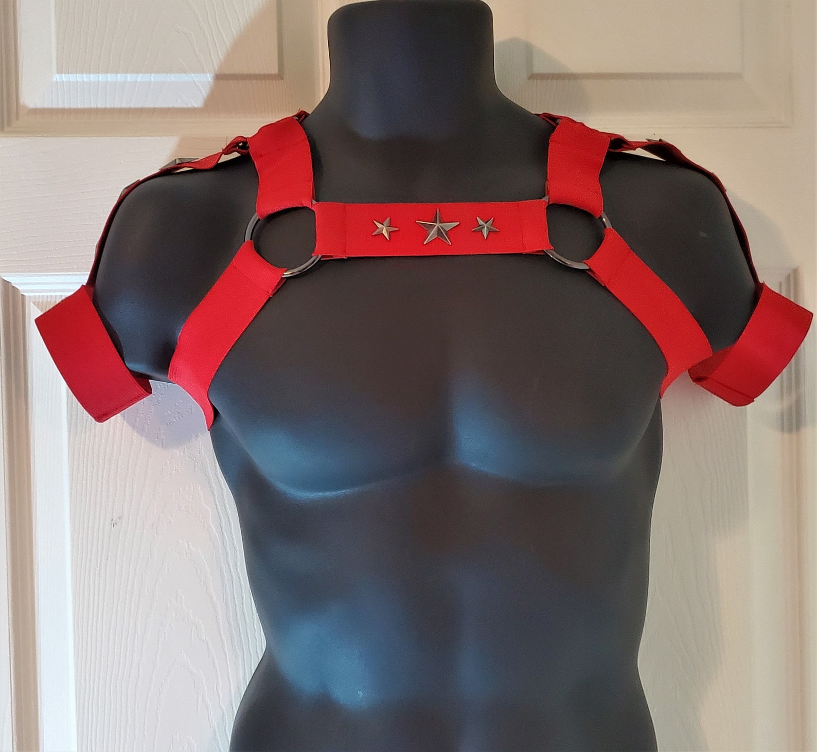 Men's Red Elastic Chest Harness With Built in Arm Band Strap Burlesque ...