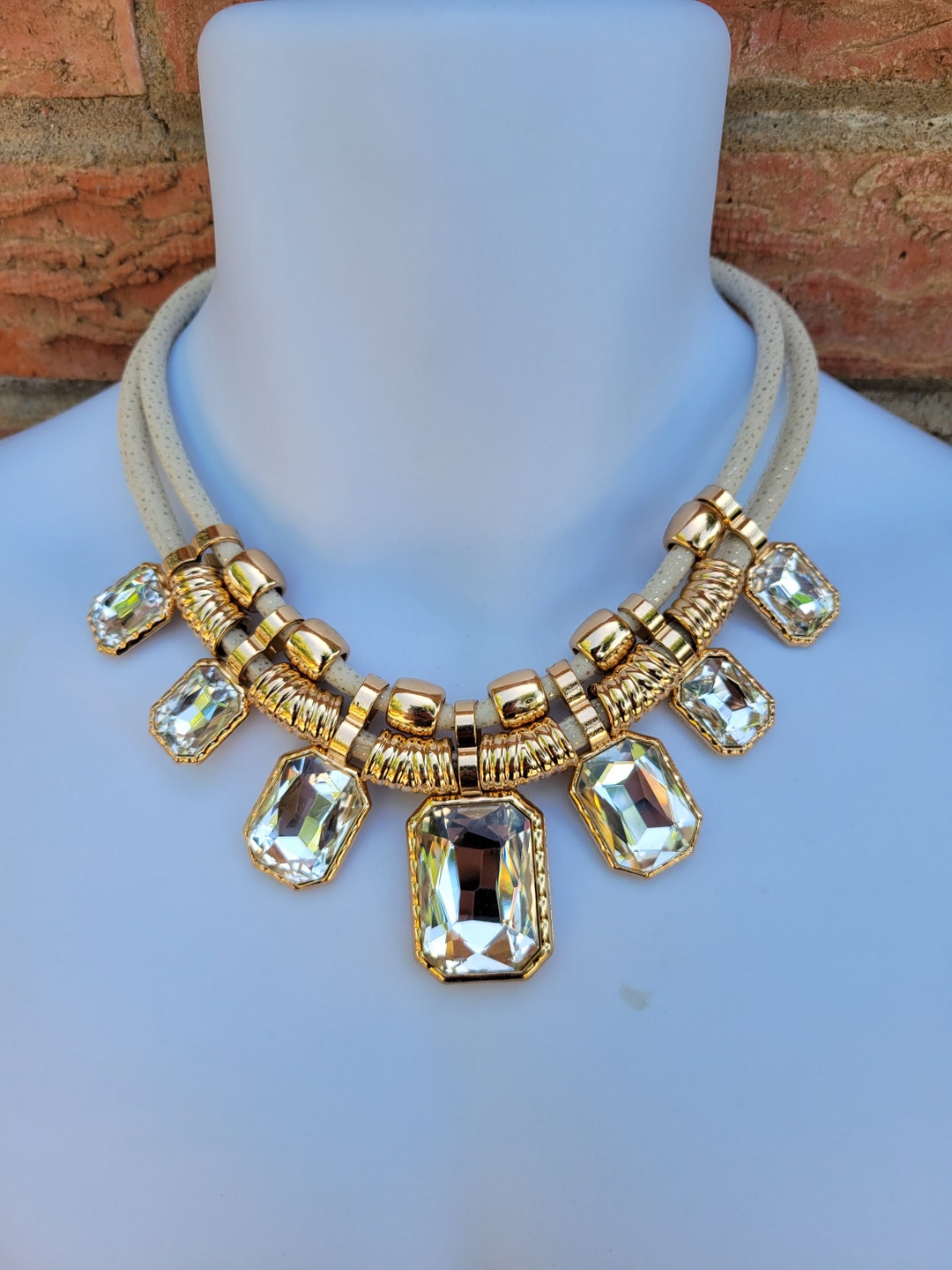 Crystal Double Cord White and Gold Necklace - Etsy