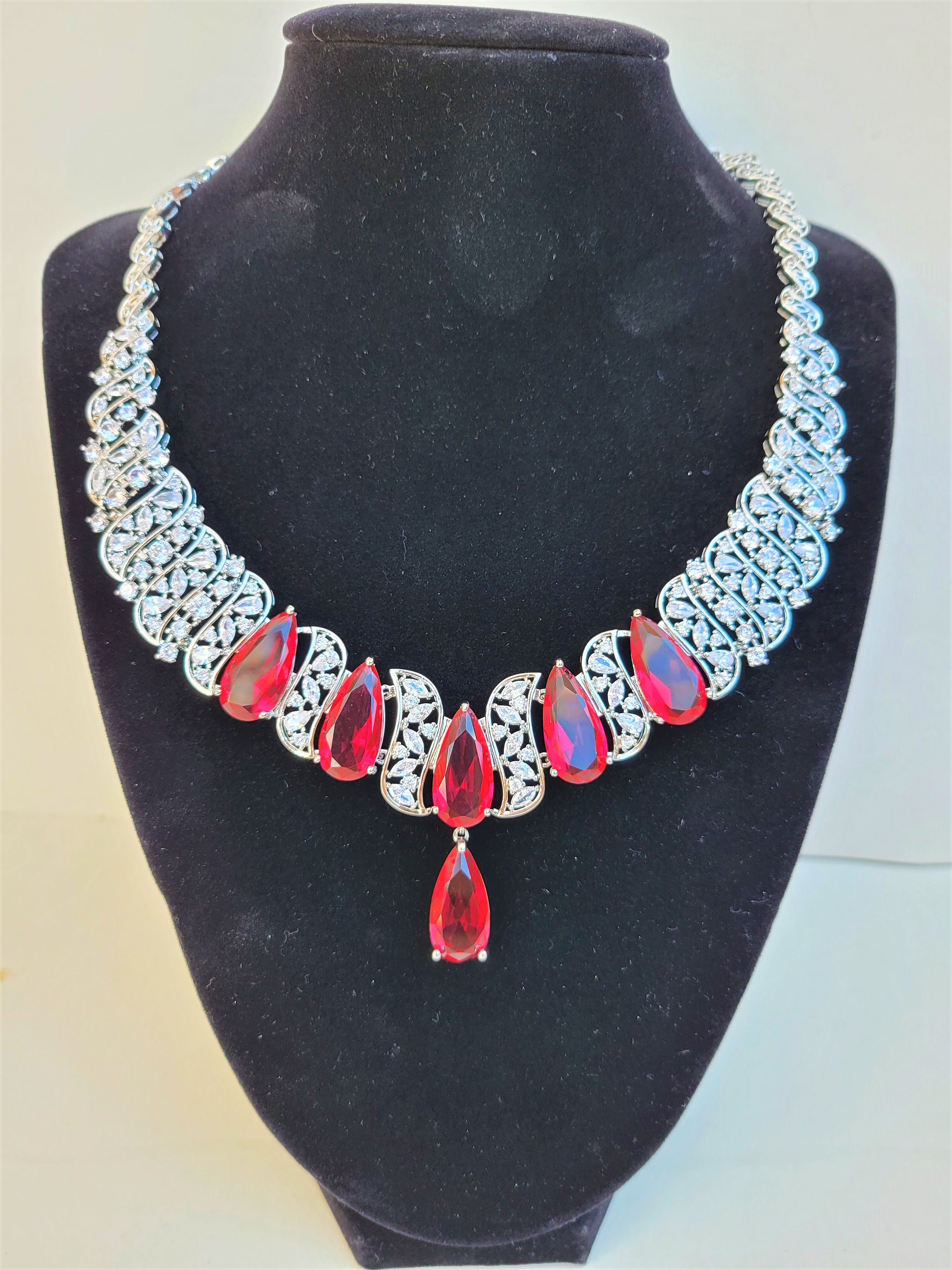 Crystal Ruby Red Necklace Teardrop Rain Drop Dangle - Etsy