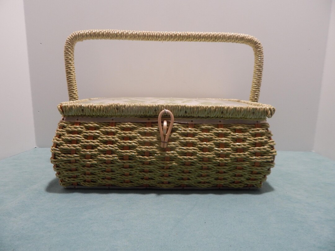 Vintage Wicker Sewing Basket With a Green Floral Design - Etsy