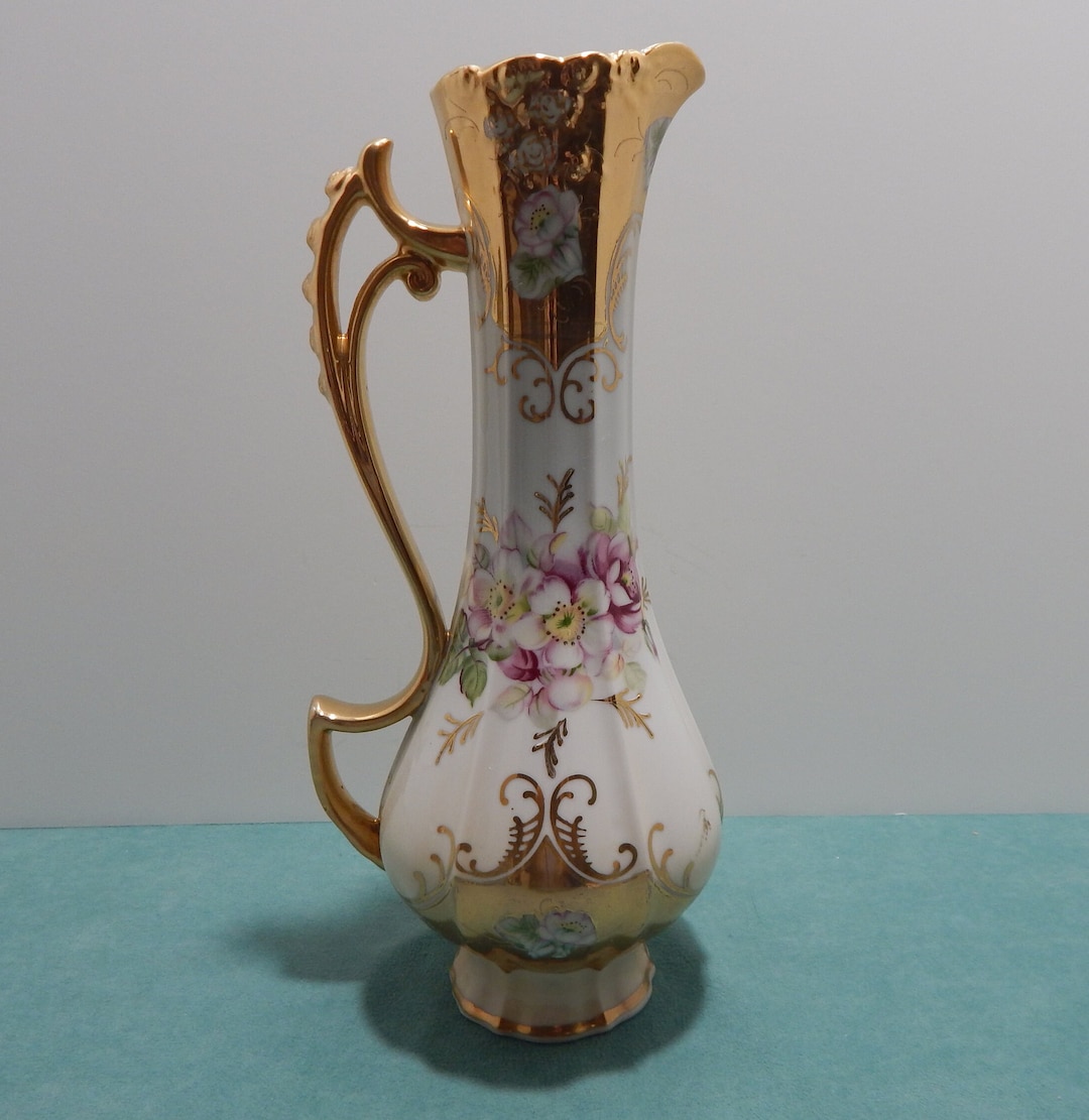 Vintage Royal Crown Hand Painted Pitcher Floral Gold Gilt Pattern 12 3/ ...