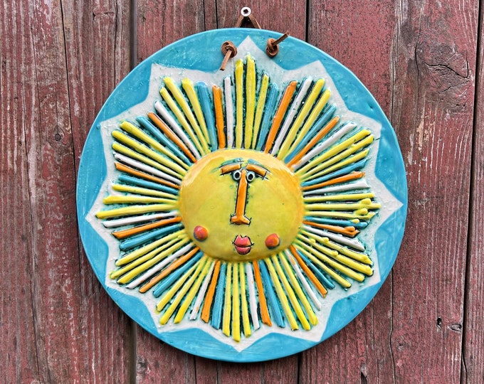 Handmade Happy Clay Sun Face Tile for Home or Garden, Ceramic Yard Art ...