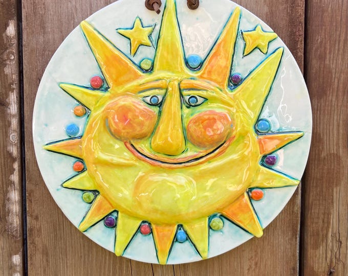 Handmade Happy Clay Sun Face Tile for Home or Garden, Ceramic Yard Art ...
