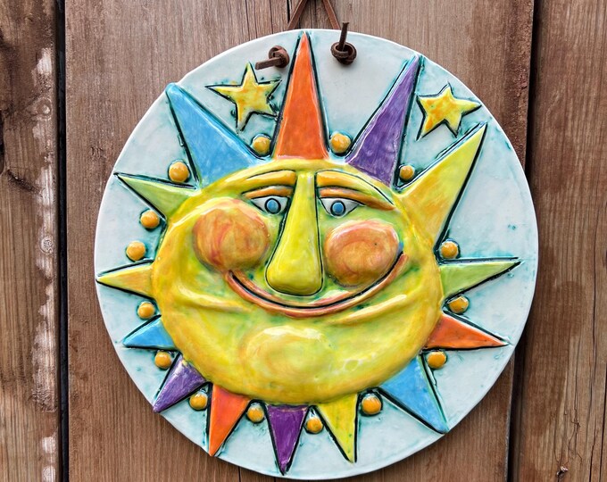 Handmade Happy Clay Sun Face Tile for Home or Garden, Ceramic Yard Art ...