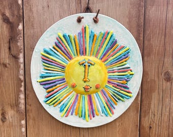 Handmade Happy Clay Sun Face Tile for Home or Garden, Ceramic Yard Art ...