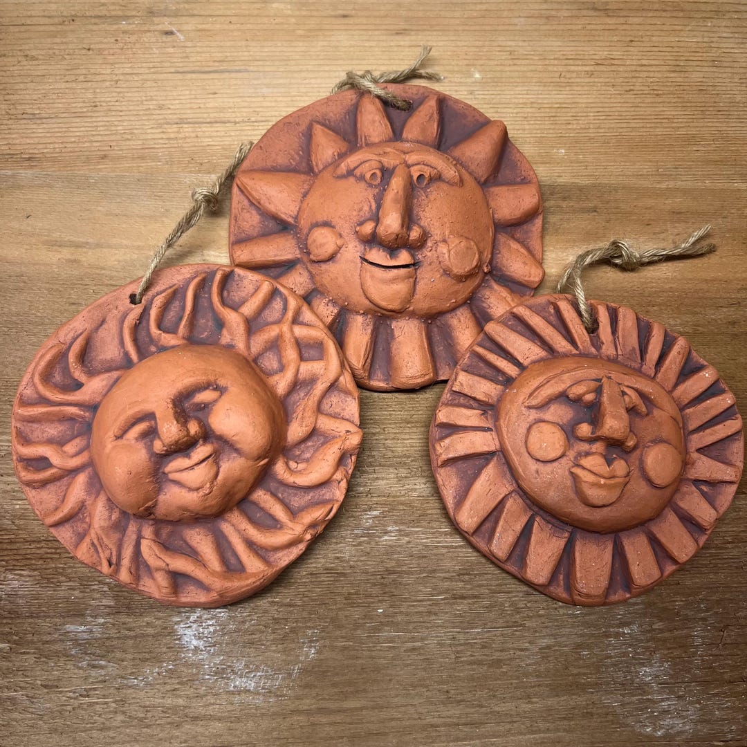 Terra Cotta Sun Garden Ornament - Yard Decor - Handmade Clay Sun - Set ...