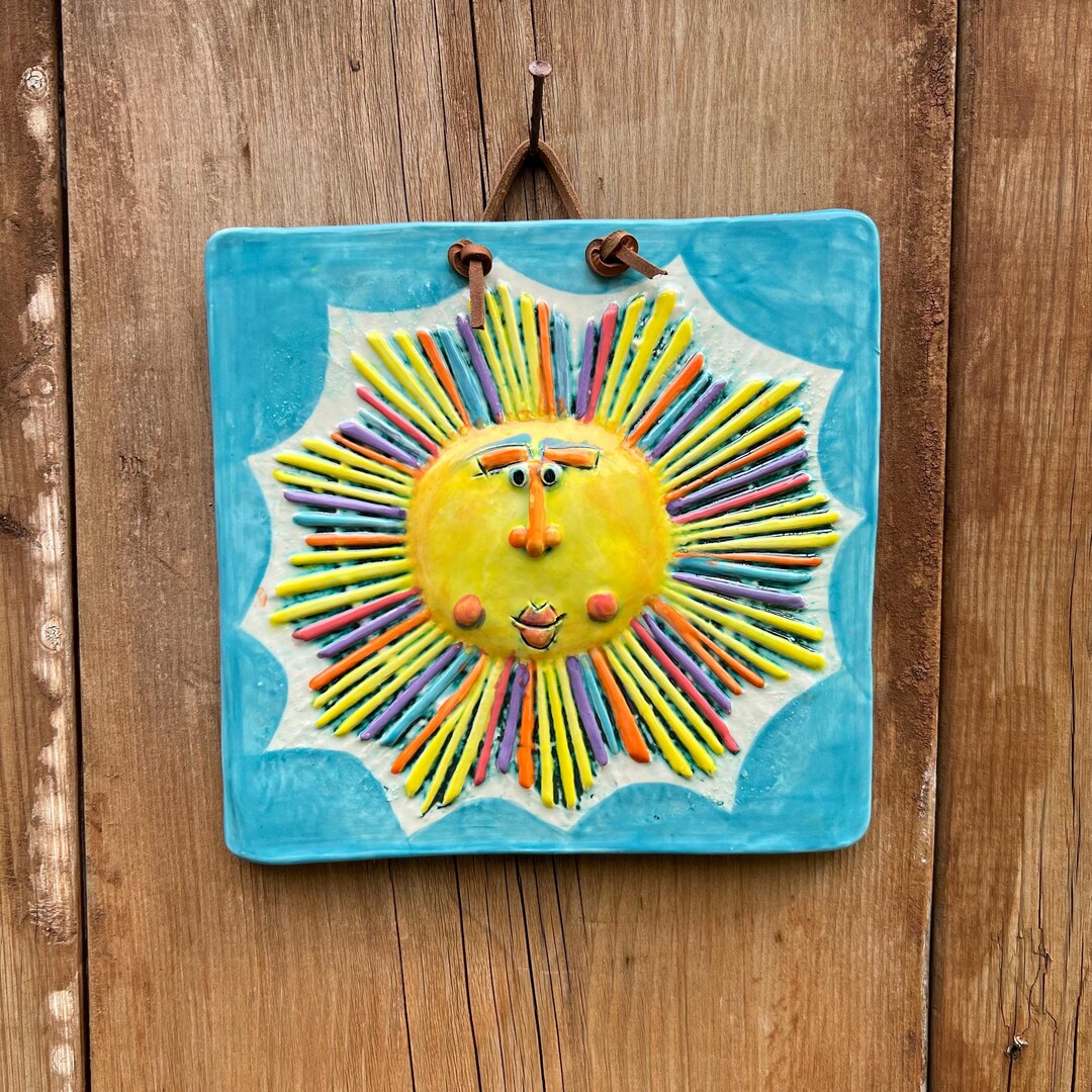 Hangable Rainbow Sun Face Tile, Handmade Ceramic Nursery Plaque, Home ...