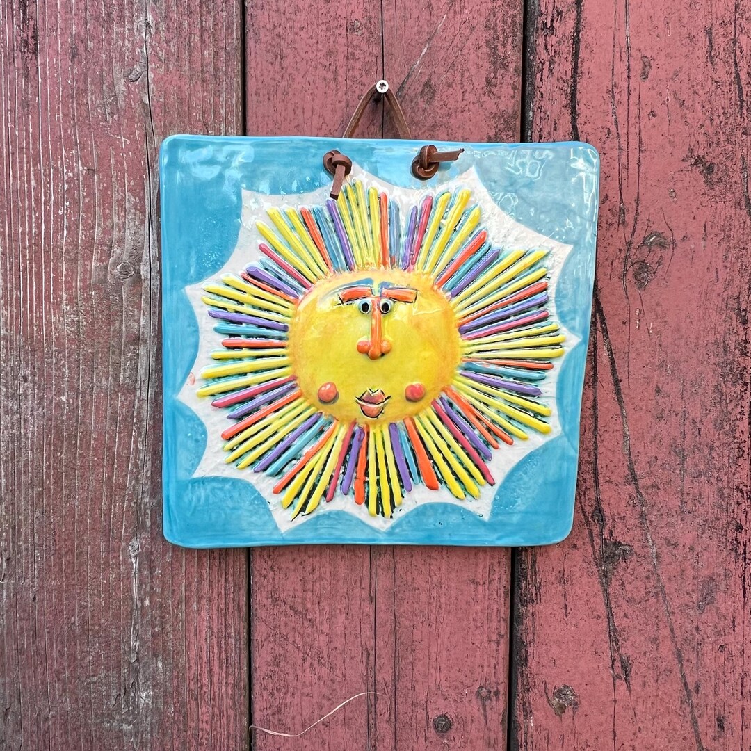 Hangable Rainbow Sun Face Tile, Handmade Ceramic Nursery Plaque, Home ...