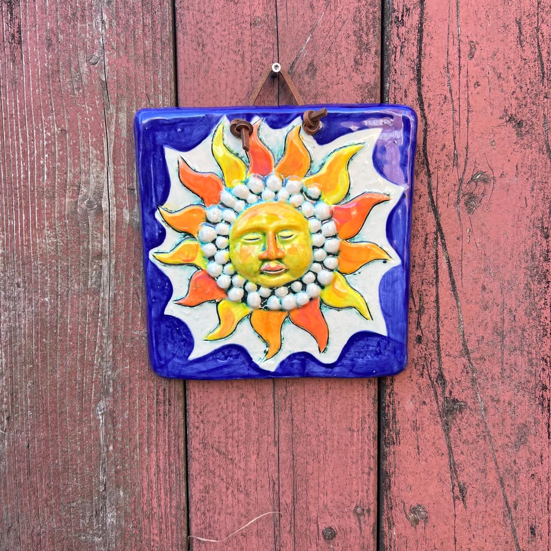 Sun Ceramic Tile Hanging Ceramic Tile Garden Tile Hand Painted Tile ...
