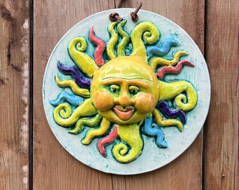 Handmade Happy Clay Sun Face Tile for Home or Garden, Ceramic Yard Art ...