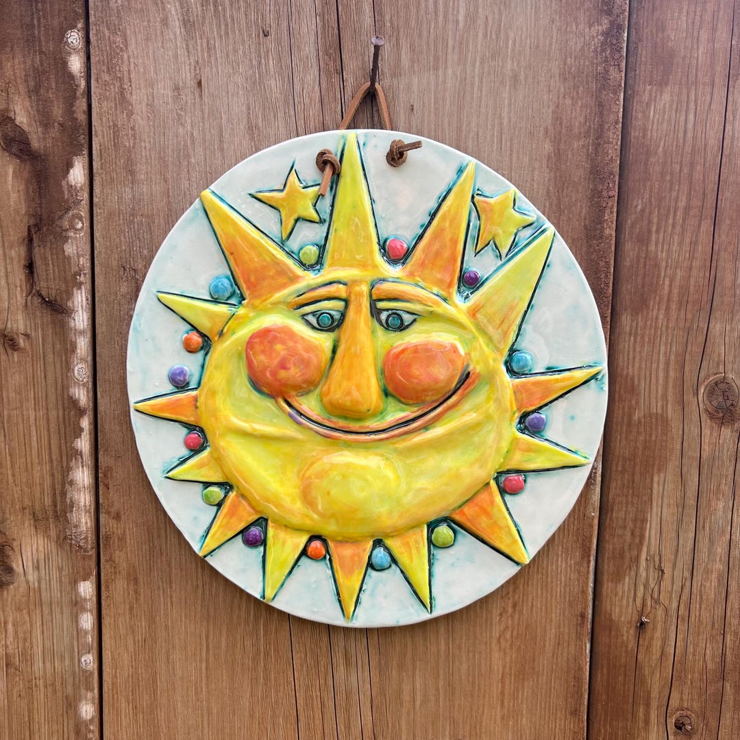 Handmade Happy Clay Sun Face Tile for Home or Garden, Ceramic Yard Art ...