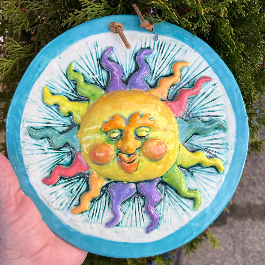 Handmade Happy Clay Sun Face Tile for Home or Garden, Ceramic Yard Art ...