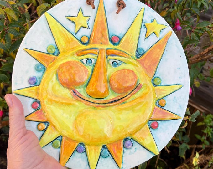 Handmade Happy Clay Sun Face Tile for Home or Garden, Ceramic Yard Art ...