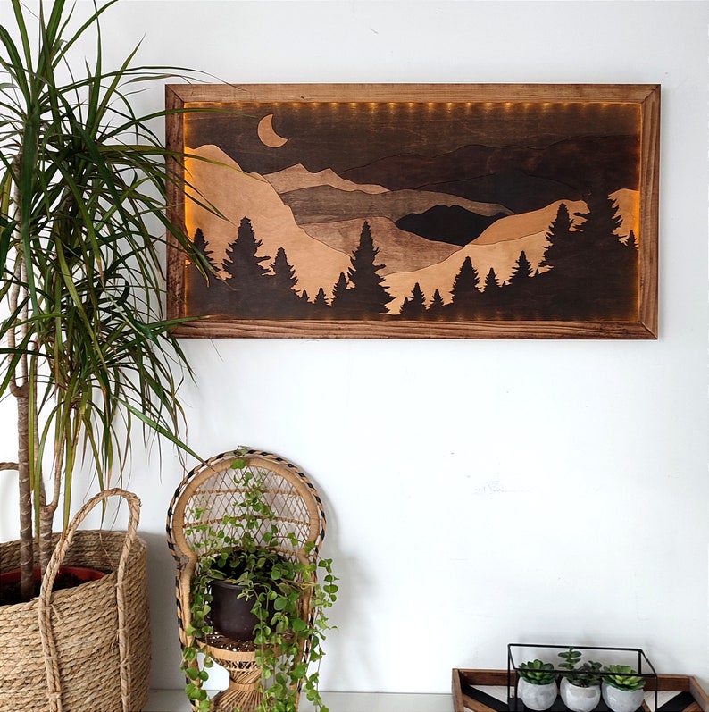 3D LED Mountain Wood Wall Art: Illuminated Forest Scene - Etsy