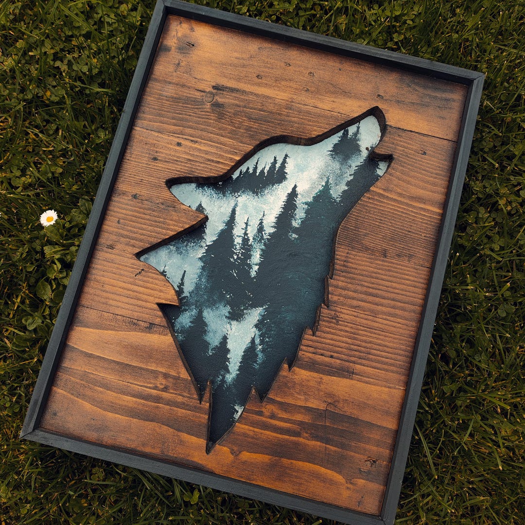 Hand-painted Forest Wolf Wood Wall Art: Mountain Decor - Etsy
