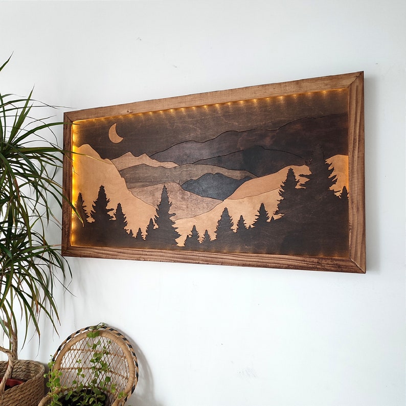 3D LED Mountain Wood Wall Art: Illuminated Forest Scene - Etsy
