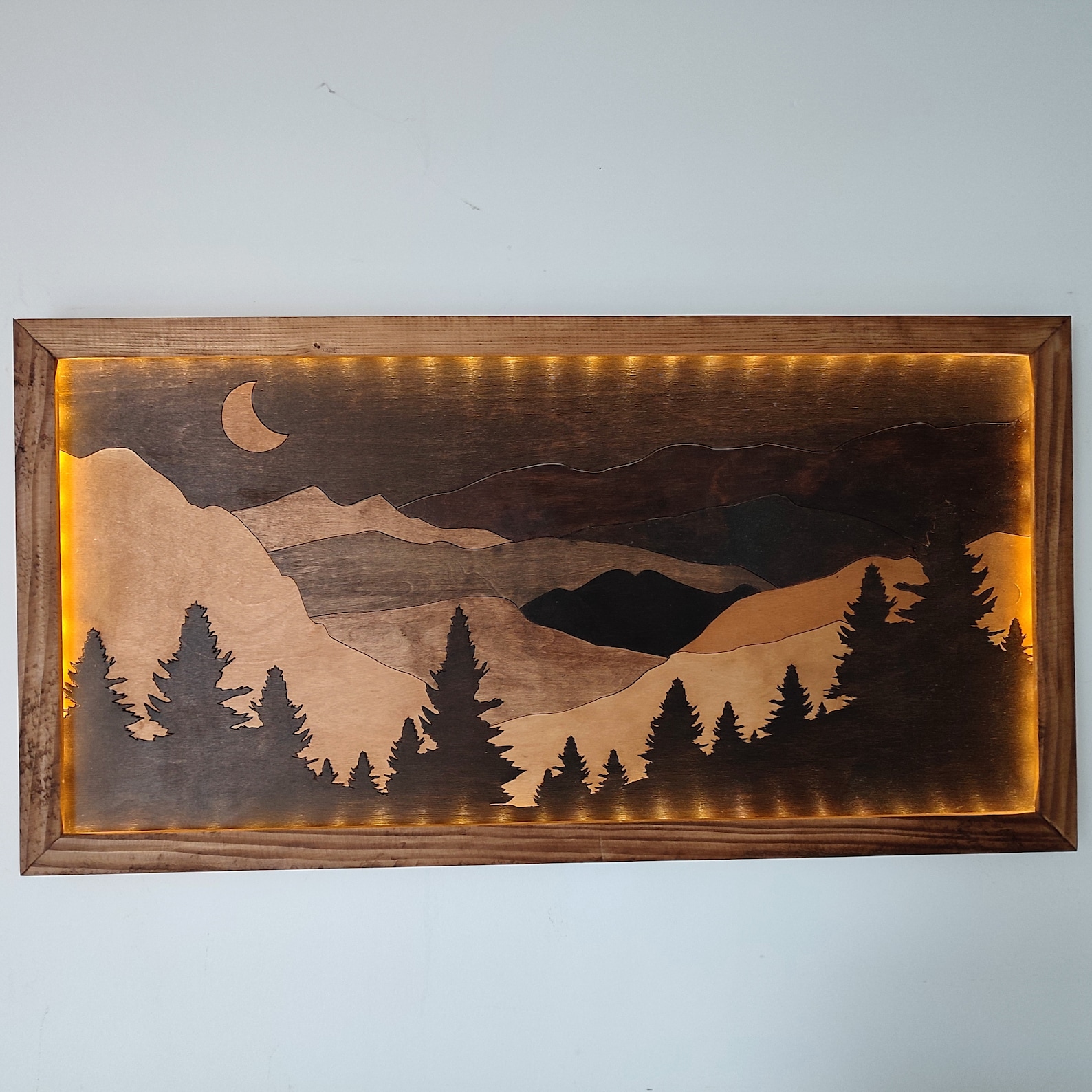 3D LED Mountain Wood Wall Art: Illuminated Forest Scene - Etsy
