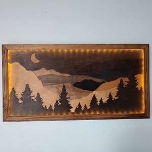 3D LED Mountain Wood Wall Art: Illuminated Forest Scene - Etsy