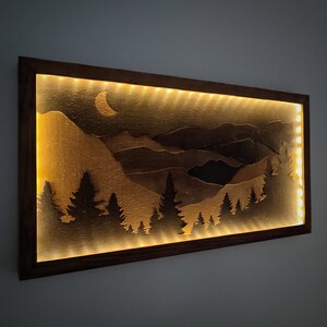 3D LED Mountain Wood Wall Art: Illuminated Forest Scene - Etsy